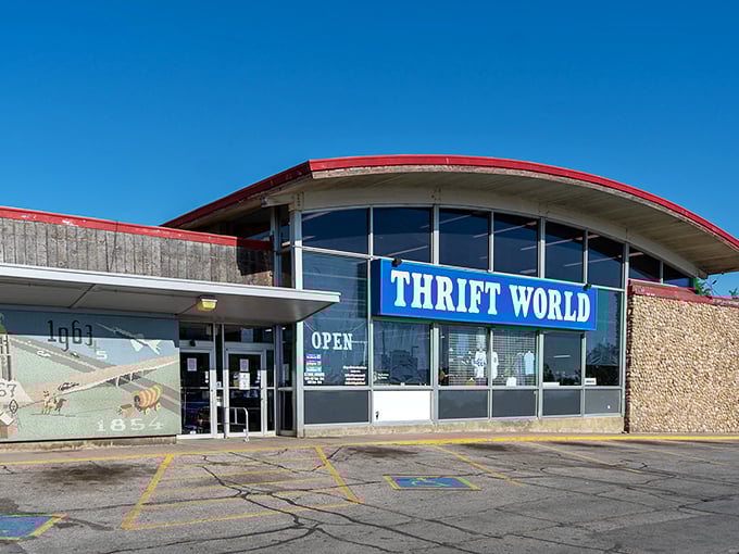 The distinctive curved roof and bold blue signage of Thrift World beckons bargain hunters like a retail lighthouse on St. Marys Avenue.