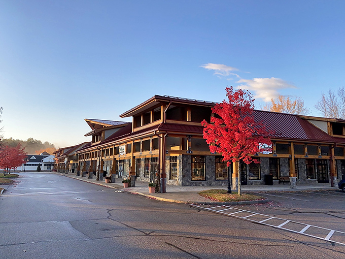 Mountain lodge meets shopping paradise &ndash; where rustic charm and autumn colors create the perfect retail backdrop.