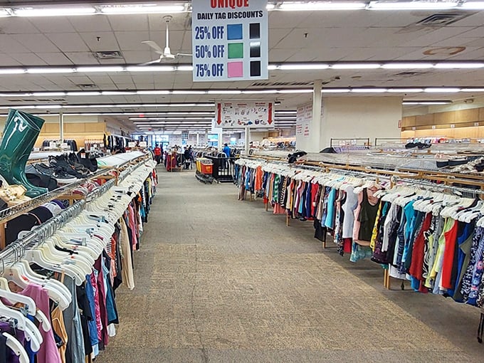 Treasure hunting made easy with color-coded discount signs guiding your bargain adventure through aisles of possibility.