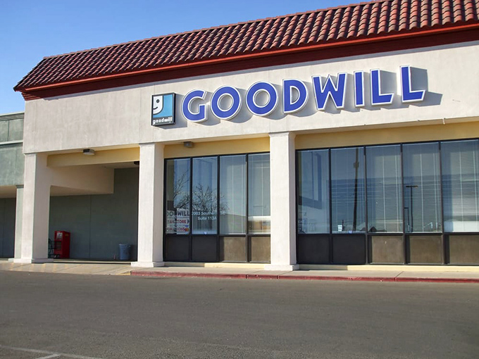 Another Goodwill location with its distinctive blue signage and Southwestern-style roof, a familiar sight for New Mexico's savvy shoppers.