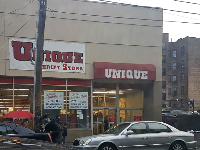 The unassuming facade of Unique Thrift Store &ndash; where bargain hunters find retail nirvana and wallets breathe sighs of relief in the Bronx.