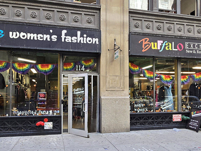 The rainbow bunting above Buffalo Exchange's storefront isn't just decoration&mdash;it's a promise of the colorful fashion treasures waiting inside this Chelsea secondhand paradise.