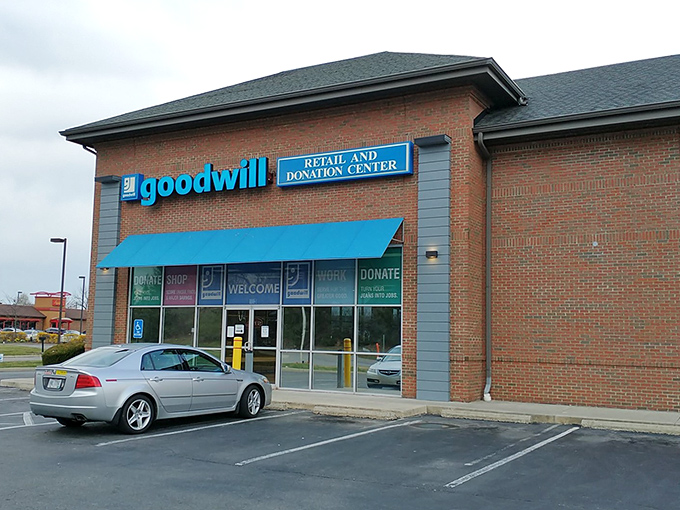 The blue awning of Goodwill beckons like a retail oasis in Lewis Center, promising treasures within its brick walls for the savvy Ohio bargain hunter.