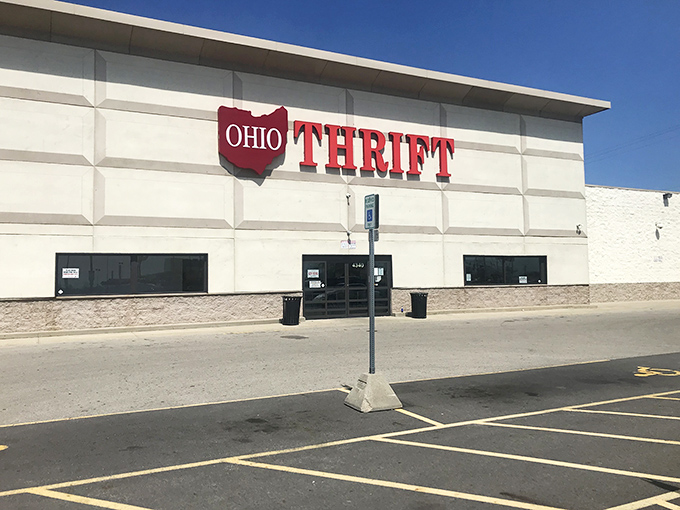 This bold Ohio-shaped sign stands proudly above the entrance, calling out to deal-seekers like a beacon of savings ready to guide shoppers toward hidden gems inside.