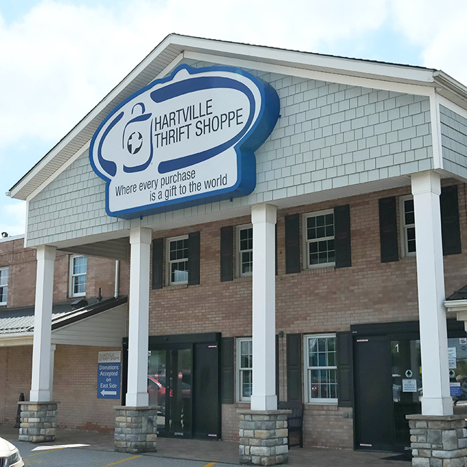Blue skies frame this bargain hunter's paradise in Hartville. The stately columns and brick exterior hide a labyrinth of secondhand treasures waiting to be discovered.