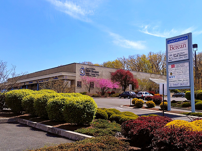 The exterior of Care & Share Thrift Shoppes looks more like a boutique shopping center than a thrift store, complete with landscaping that would make HGTV proud.