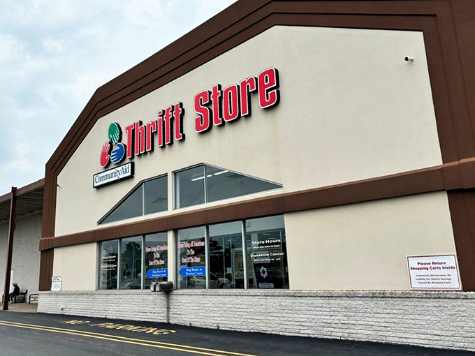 The storefront beckons like a siren song to bargain hunters. That bold red "Thrift Store" sign might as well say "Treasure Awaits."
