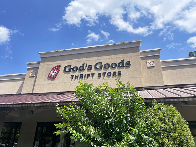 The welcoming facade of God's Goods Thrift Store stands proudly under Carolina blue skies, promising treasures within that won't break the bank.