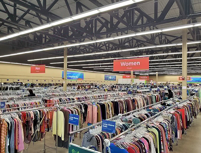 Rows upon rows of possibility &ndash; Savers' clothing section stretches like a textile ocean waiting to be explored.