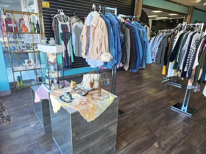 Treasure hunting in action! Shoppers sift through neatly organized clothing bins, each face showing that unmistakable "I might find gold" concentration thrift enthusiasts know so well.