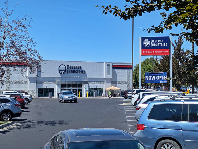 The iconic white facade with its distinctive red stripe welcomes bargain hunters like a retail oasis in the Utah desert.