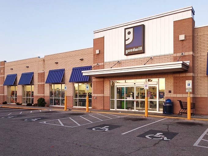 Brick, blue awnings, and that iconic smiling "g" logo welcome shoppers to this Milwaukee thrift mecca. The accessible entrance promises adventures for treasure seekers of all abilities.