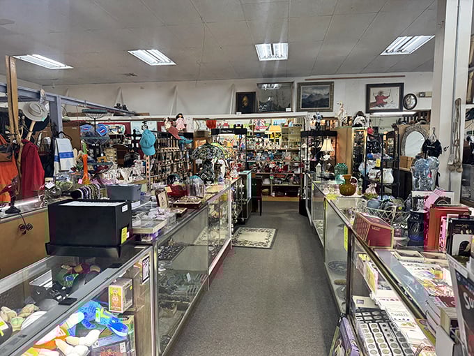 Every corner of Lazy Dog Antiques tells a story &ndash; this wall display showcases everything from indigenous art to vintage collectibles, creating a treasure hunter's paradise.