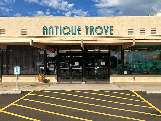 The unassuming exterior of Antique Trove belies the wonderland of treasures waiting inside. Like a time machine disguised as a storefront.