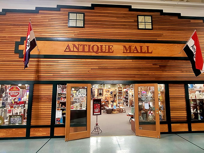 The wooden façade of Plain & Fancy beckons like a portal to the past, promising treasures behind those welcoming doors.