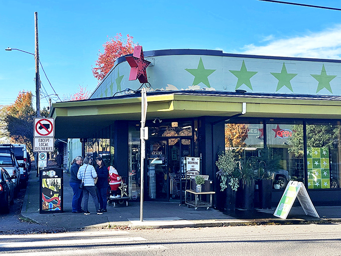 The unmistakable green facade with its constellation of stars beckons vintage hunters like a mid-century lighthouse for the nostalgically inclined.