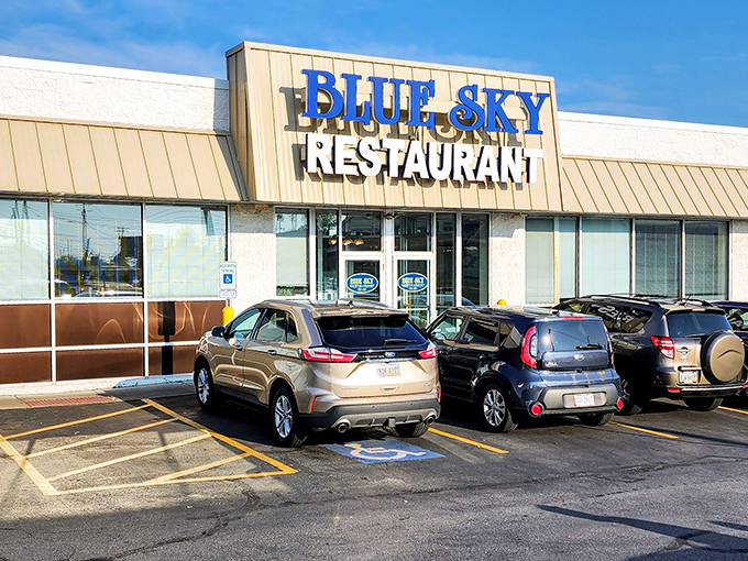 Bathed in daylight, Blue Sky's welcoming facade stands ready for another day of serving up affordable deliciousness to Elyria's hungry masses.