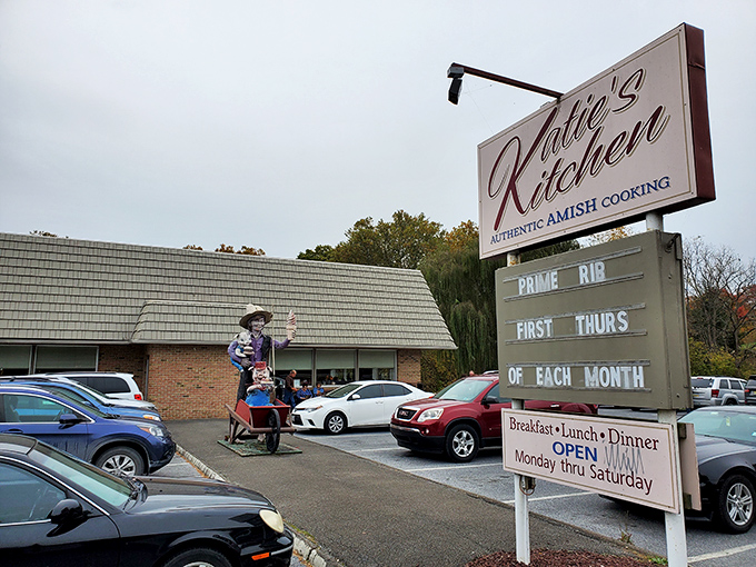The welcoming sign at Katie's Kitchen promises "Authentic Amish Cooking" and delivers with a monthly prime rib special that locals mark on their calendars.