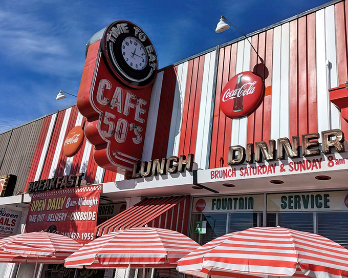 The iconic red and white striped facade of Cafe 50's isn't just eye-catching&mdash;it's a time portal disguised as a diner on Santa Monica Boulevard.