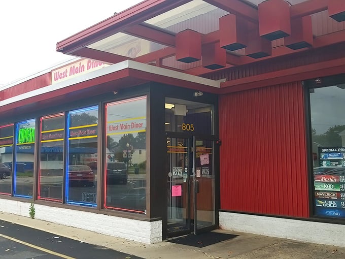 The bright red exterior of West Main Diner stands like a beacon of breakfast hope on Lansdale's main drag. No pretension, just promise.