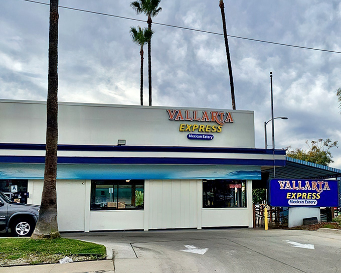 Palm trees frame Vallarta Express, a blue-trimmed haven serving up burrito bliss to hungry San Diegans any hour of the day.