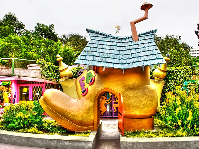 The iconic Old Woman's Shoe House welcomes visitors with storybook charm. Who knew footwear could make such delightful real estate?
