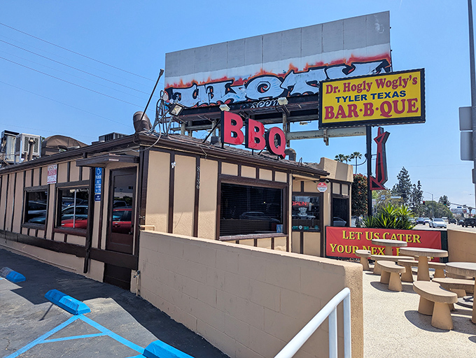 The unmistakable sign beckons like a smoky siren call to meat lovers. Dr. Hogly Wogly's doesn't need fancy architecture when the BBQ speaks this loudly.