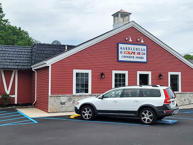 The iconic red barn exterior of Marblehead Chowder House stands out like a New England lighthouse beaming across Pennsylvania farmland. Pure coastal charm in Easton.