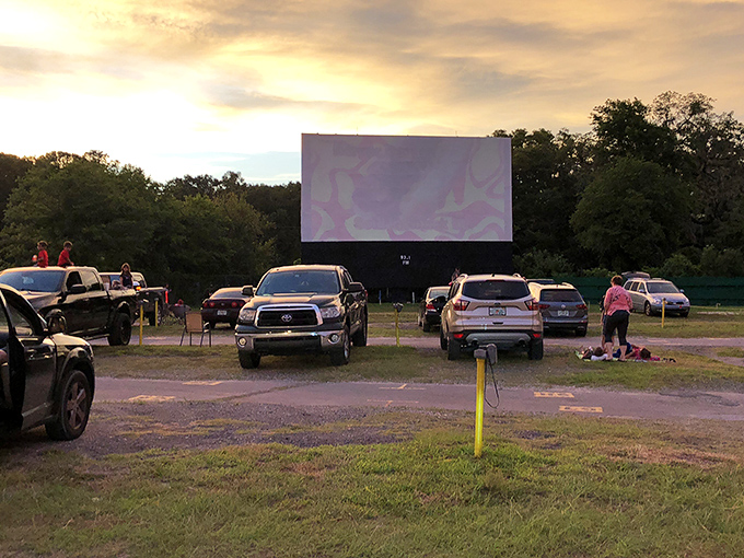 The magic hour at Joy-Lan Drive-In, where trucks and SUVs replace theater seats and the Florida sunset provides the perfect pre-show entertainment.