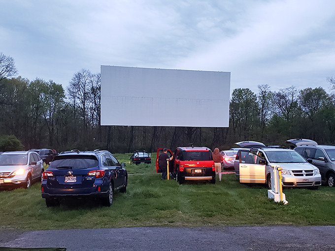 Cars lined up facing the massive white screen, headlights dimmed in anticipation. Movie magic awaits under the Ohio sky.