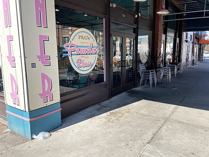 That iconic pink and blue logo promises pancake paradise ahead. The Strip District storefront might be unassuming, but breakfast legends need no flashy introduction.