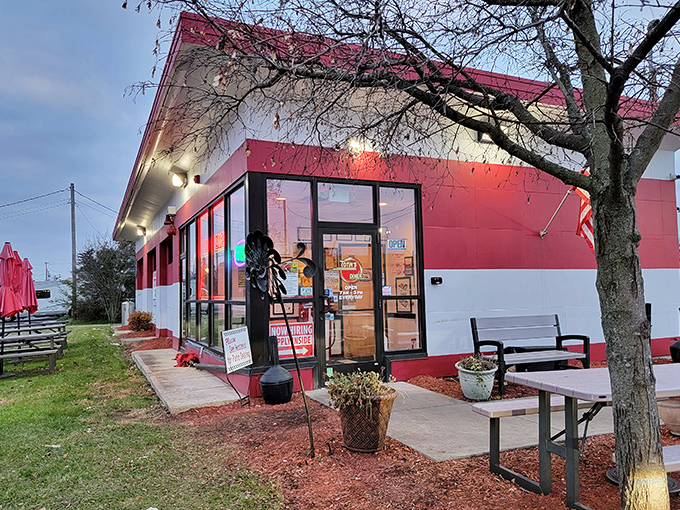 The bright red exterior of Totin's Diner stands out like a beacon of breakfast hope against the Pennsylvania sky. Classic Americana at its finest. 