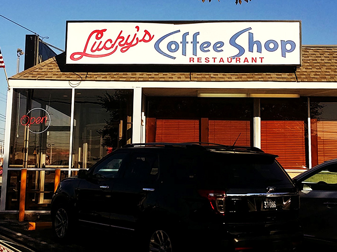 The iconic red and blue sign of Lucky's Coffee Shop stands as a beacon of breakfast hope for hungry Wilmington residents seeking diner perfection.