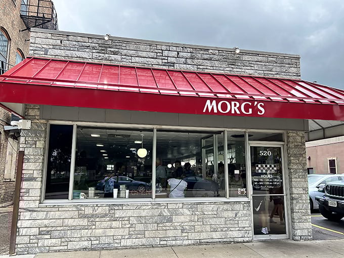 Morg's iconic red awning and stone facade have welcomed hungry Waterloo diners since 1960 &ndash; a beacon of breakfast bliss on Mulberry Street.