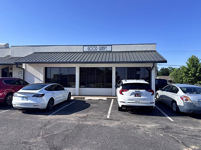 Another angle of Good Gravy's exterior – where cars fill the parking lot by 8am and hungry patrons plot their biscuit strategy.