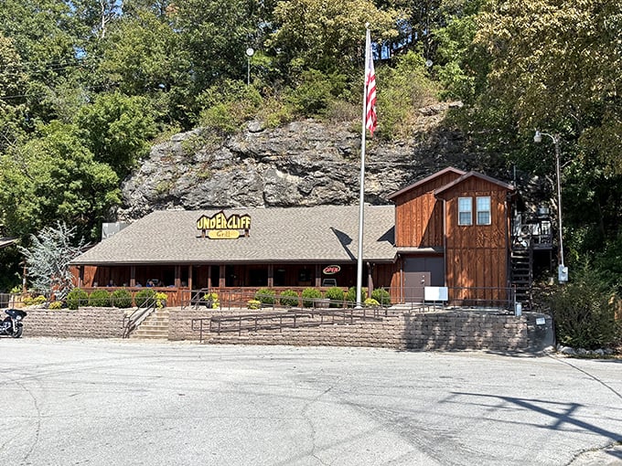 From this angle, you can truly appreciate how the restaurant nestles perfectly against the ancient limestone cliff, like it was always meant to be there.