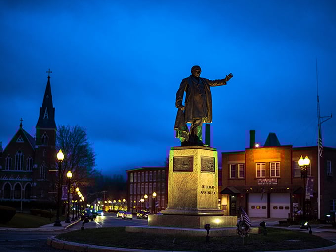 Twilight transforms downtown Adams into a magical scene, where historic architecture and warm streetlights create an atmosphere of small-town enchantment.