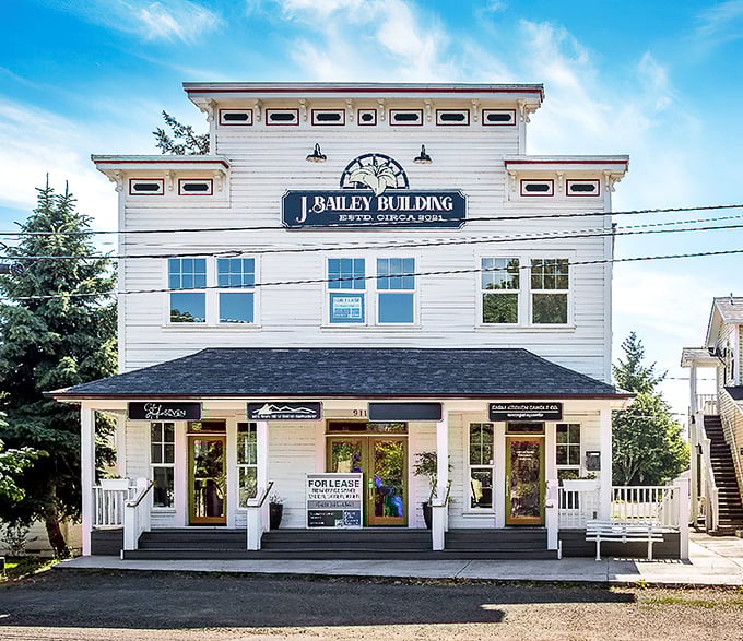 The stately J. Bailey Building stands as a testament to Coburg's architectural heritage, now home to charming boutiques and specialty shops.