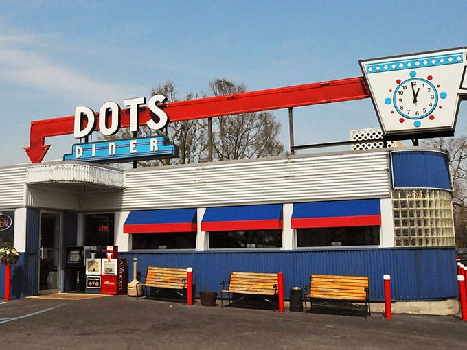 Classic Americana at its finest! The vintage Dots Diner sign with its distinctive clock face has been guiding hungry travelers to pancake paradise for generations.