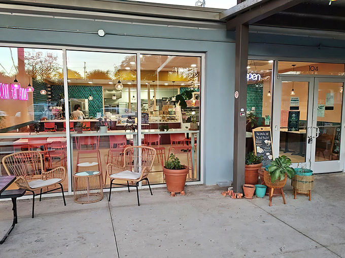 The unassuming exterior of Cake Thieves belies the pastry paradise within. Those coral chairs are practically begging you to sit and stay awhile.