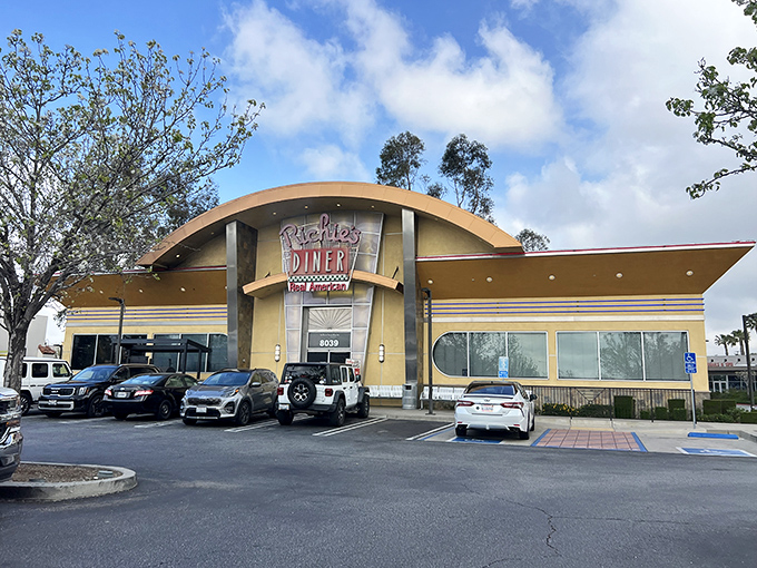 The iconic curved facade of Richie's Diner stands like a beacon of comfort food hope in Rancho Cucamonga, promising delicious rewards within.