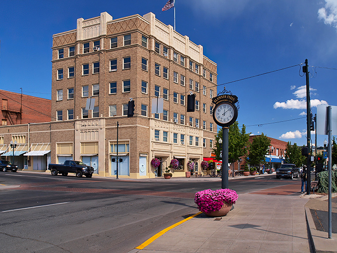 Downtown Klamath Falls showcases its historic charm with the iconic clock tower standing sentinel over streets where locals actually smile at strangers.