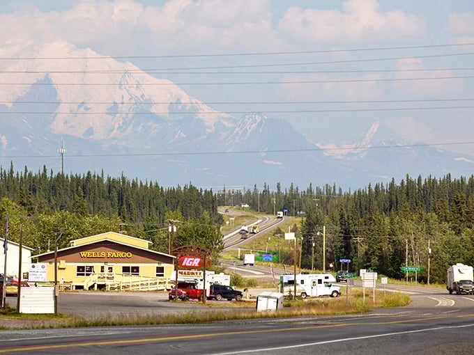 Where mountains serve as roommates. The stunning Wrangell Mountains create a dramatic backdrop for Glennallen's humble main street, reminding visitors what "perspective" really means.