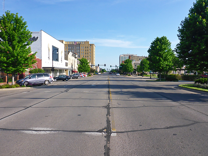 Downtown Hutchinson stretches before you like a Norman Rockwell painting come to life, where traffic jams are when three cars reach a stop sign simultaneously.