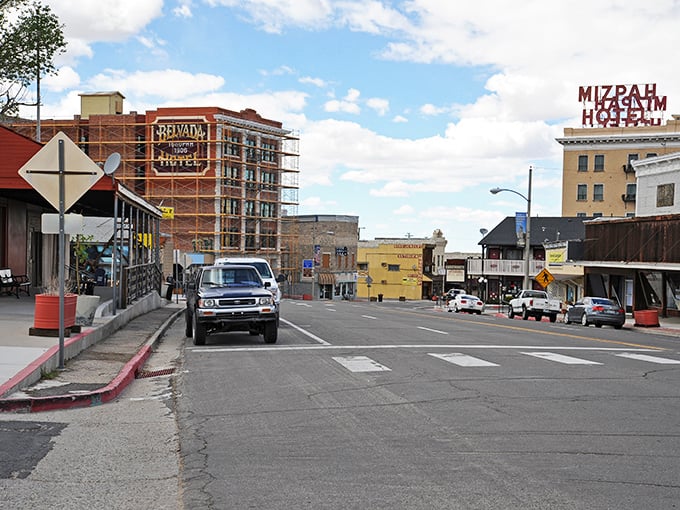 Main Street Tonopah offers a glimpse into Nevada's past, where the historic Mizpah Hotel stands proudly against the desert sky.