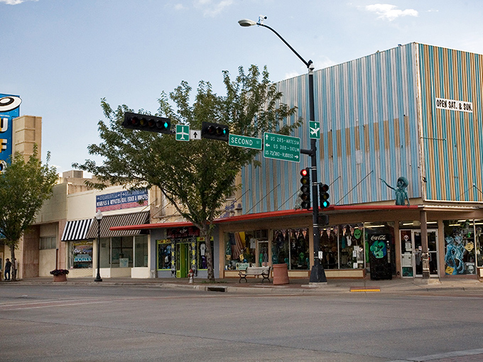 Downtown Roswell's colorful storefronts blend small-town charm with extraterrestrial flair. Even the traffic lights seem to pause longer, as if savoring the desert sunshine.