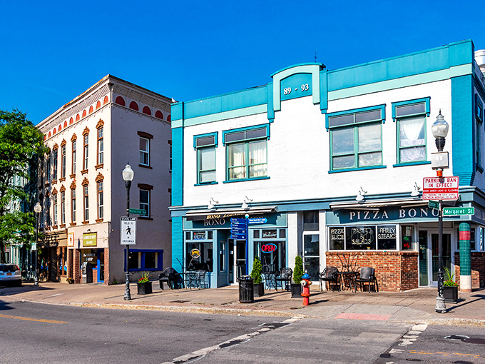 Downtown Plattsburgh's colorful architecture tells a story of small-town charm with big personality. Pizza Bono's turquoise fa&ccedil;ade adds a splash of character to this walkable streetscape.