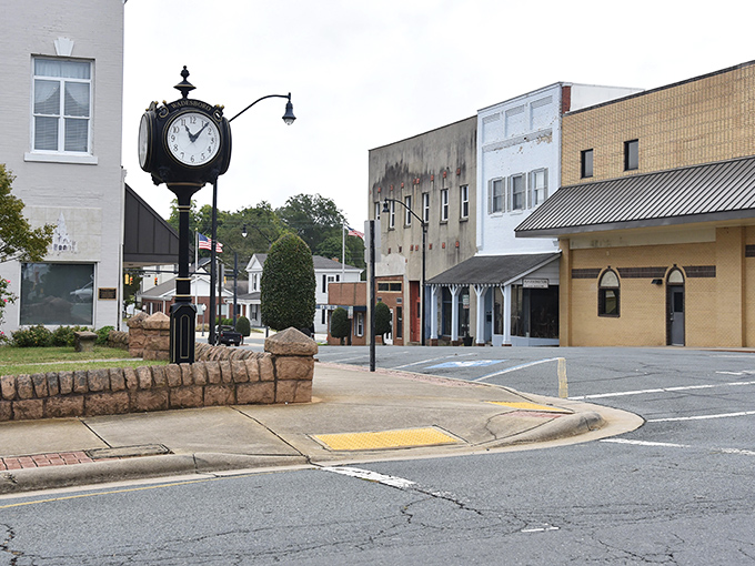 Downtown Wadesboro's iconic clock stands sentinel over quiet streets, marking time at a pace that reminds you life doesn't need to be rushed.