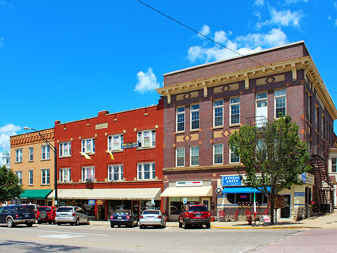 Historic Main Street showcases the kind of brick architecture that reminds you buildings once had actual personality and character.