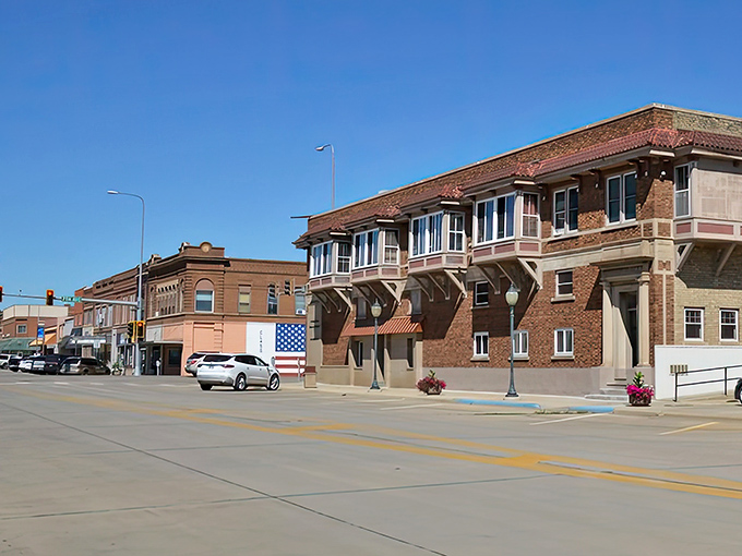Historic brick buildings line Redfield's Main Street, where time seems to slow down just enough to notice life's sweeter details.